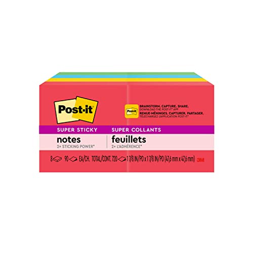 Post-it Super Sticky Notes, 2 in x 2 in, 8 Pads, 2x the Sticking Power, Playful Primaries Collection, Primary Colors (Red, Yellow, Green, Blue, Purple), Recyclable (622-8SSAN)