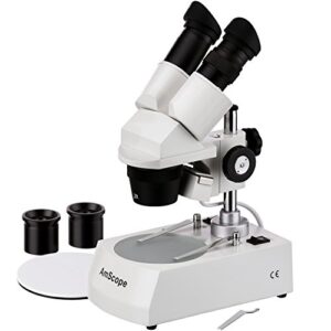 amscope se306-pz binocular stereo microscope, wf10x and wf20x eyepieces, 20x/40x/80x magnification, 2x and 4x objectives, upper and lower halogen lighting, reversible black/white stage plate, pillar stand, 120v