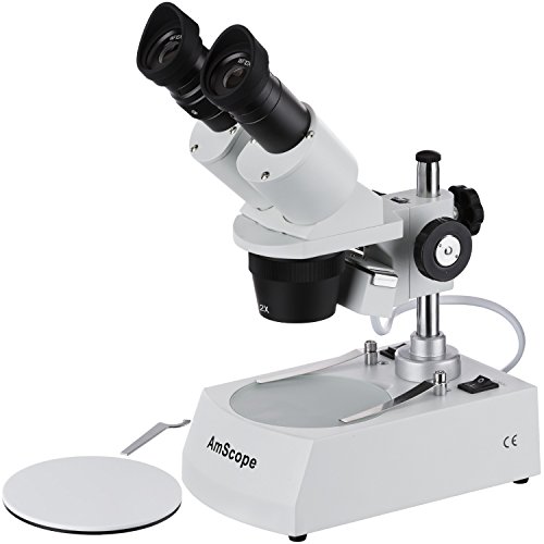 AmScope SE306R-P20 Forward-Mounted Binocular Stereo Microscope, WF20x Eyepieces, 40X and 80X Magnification, 2X and 4X Objectives, Upper and Lower Halogen Lighting, Reversible Black/White Stage Plate, Pillar Stand, 120V