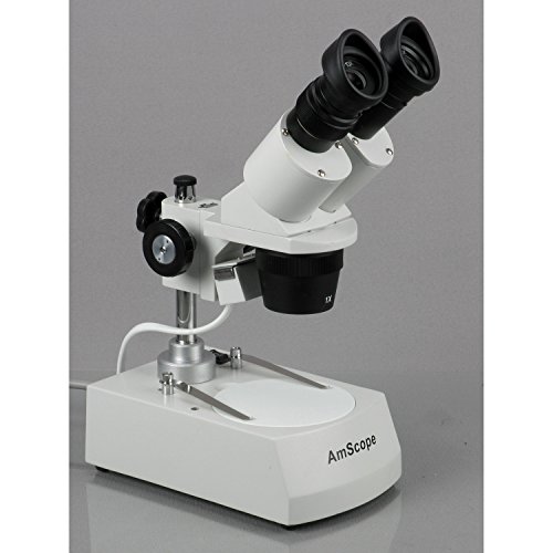 AmScope SE306R-P20 Forward-Mounted Binocular Stereo Microscope, WF20x Eyepieces, 40X and 80X Magnification, 2X and 4X Objectives, Upper and Lower Halogen Lighting, Reversible Black/White Stage Plate, Pillar Stand, 120V