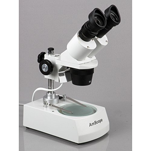 AmScope SE306R-P20 Forward-Mounted Binocular Stereo Microscope, WF20x Eyepieces, 40X and 80X Magnification, 2X and 4X Objectives, Upper and Lower Halogen Lighting, Reversible Black/White Stage Plate, Pillar Stand, 120V