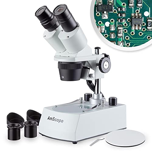 AmScope SE306R-PY-LED Forward-Mounted Binocular Stereo Microscope, WF10x and WF15x Eyepieces, 20X/30X/40X/60X Magnification, 2X and 4X Objectives, Upper and Lower LED Lighting, Reversible Black/White Stage Plate, Pillar Stand, 120V