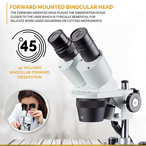 AmScope SE306R-PZ-LED Forward-Mounted Binocular Stereo Microscope, WF10x and WF20x Eyepieces, 20X/40X/80X Magnification, 2X and 4X Objectives, Upper and Lower LED Lighting, Reversible Black/White Stage Plate, Pillar Stand, 120V or Battery-Powered