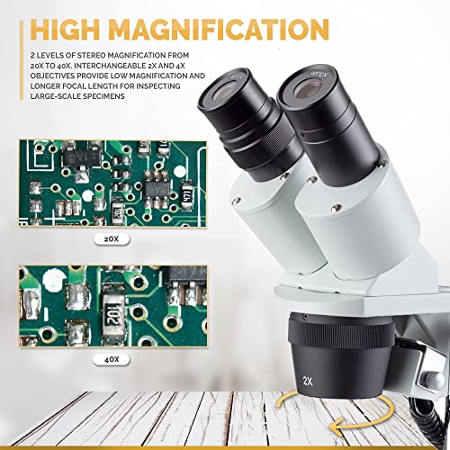 AmScope SE306R-PZ-LED Forward-Mounted Binocular Stereo Microscope, WF10x and WF20x Eyepieces, 20X/40X/80X Magnification, 2X and 4X Objectives, Upper and Lower LED Lighting, Reversible Black/White Stage Plate, Pillar Stand, 120V or Battery-Powered