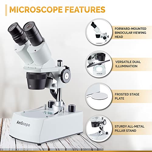 AmScope SE306R-PZ-LED Forward-Mounted Binocular Stereo Microscope, WF10x and WF20x Eyepieces, 20X/40X/80X Magnification, 2X and 4X Objectives, Upper and Lower LED Lighting, Reversible Black/White Stage Plate, Pillar Stand, 120V or Battery-Powered