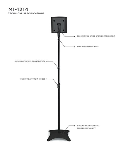 Mount-It! MI-1214 Speaker Stands for Home Theater 5.1 Channel Surround Sound System Satellite Speaker Stands Mounts, Rear and Front, 2 Pairs, 10 lb Capacity, Black