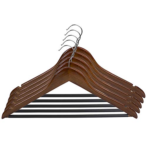 Home Basics Wooden Non-Slip Suit Hangers with Pants Bar – Smooth Finish Solid Wood Coat Hanger 360° Swivel Hook and Cut Notches for Jacket, Pant, Dress Clothes Hangers (Oak), Brown, 5 Pack