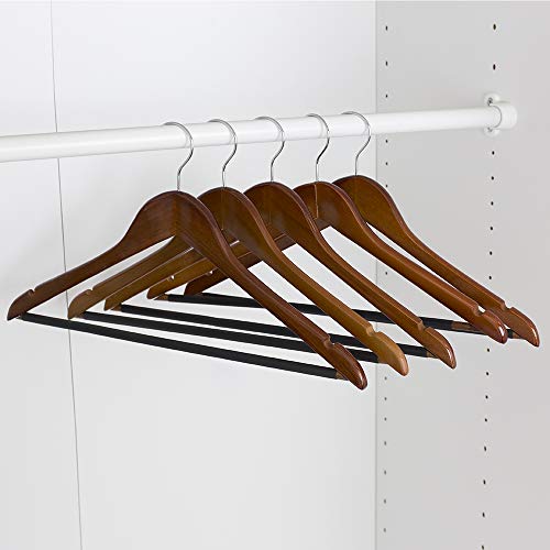 Home Basics Wooden Non-Slip Suit Hangers with Pants Bar – Smooth Finish Solid Wood Coat Hanger 360° Swivel Hook and Cut Notches for Jacket, Pant, Dress Clothes Hangers (Oak), Brown, 5 Pack