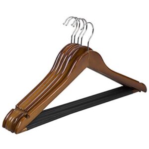 Home Basics Wooden Non-Slip Suit Hangers with Pants Bar – Smooth Finish Solid Wood Coat Hanger 360° Swivel Hook and Cut Notches for Jacket, Pant, Dress Clothes Hangers (Oak), Brown, 5 Pack