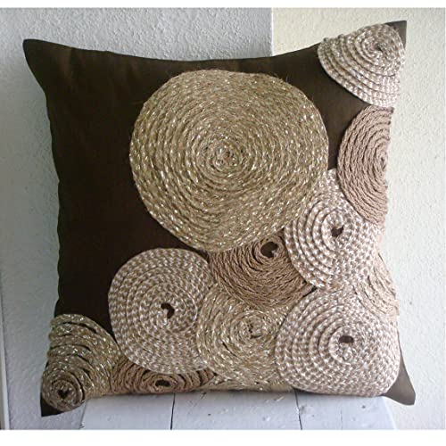 The HomeCentric Throw Pillow Covers, Brown Decorative Zippered Throw Pillow Covers 16x16 inch (40x40 cm), Silk Throw Pillow Covers, Circles & Dots, Jute, Contemporary Cushion Cover  - Adorned by Jute