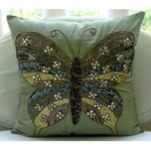 The HomeCentric Pillow Cover 18x18 inch (45x45 cm) Green, Handmade Olive Green Pillow Cases, Butterfly Theme Sequins and Beaded Pillows Cover, Square Silk Pillow Cover, Floral, Modern - Butterfly Envy