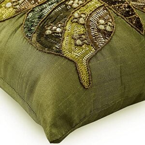 The HomeCentric Pillow Cover 18x18 inch (45x45 cm) Green, Handmade Olive Green Pillow Cases, Butterfly Theme Sequins and Beaded Pillows Cover, Square Silk Pillow Cover, Floral, Modern - Butterfly Envy