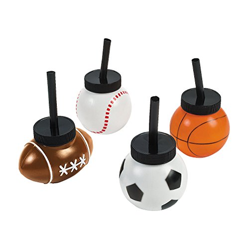 Fun Express Sport Ball Shaped Sipper Cups with Straws - Set of 12, each holds 8 oz - Football, Basketball, Soccer and Baseball Balls - Sports Party Supplies