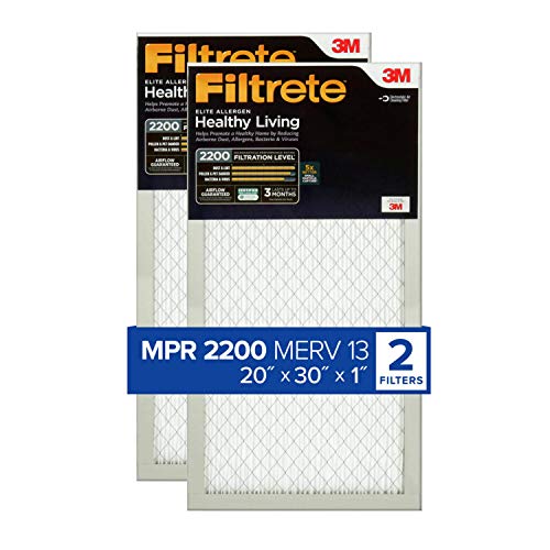 Filtrete 20x30x1 Air Filter MPR 2200 MERV 13, Healthy Living Elite Allergen, 2-Pack (exact dimensions 19.81x29.81x0.78),White