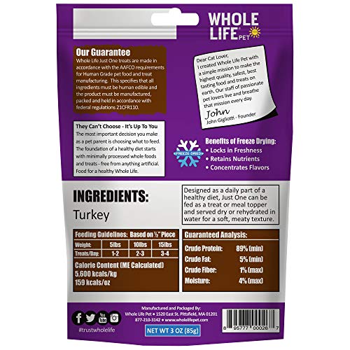 Whole Life Pet Just One Turkey - Cat Treat Or Topper - Human Grade, Freeze Dried, One Ingredient - Protein Rich, Grain Free, Made in The USA