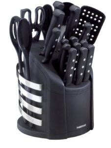 farberware 17-piece stainless steel knife and kitchen tool set with storage carousel, black