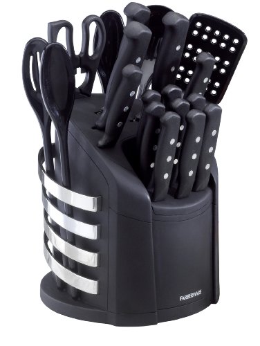 Farberware 17-Piece Stainless Steel Knife and Kitchen Tool Set with Storage Carousel, Black