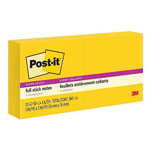 Post-it Super Sticky Full Stick Notes, 3x3 in, 12 Pads, 2x the Sticking Power, Electric Yellow, Recyclable (F330-12SSY)