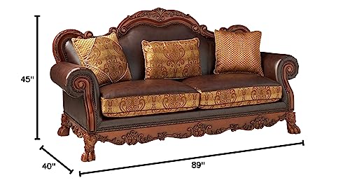 ACME Dresden Sofa w/3 Pillows - 15160 - Brown PU & Chenille - Cherry Oak