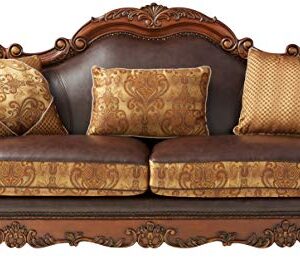 ACME Dresden Sofa w/3 Pillows - 15160 - Brown PU & Chenille - Cherry Oak