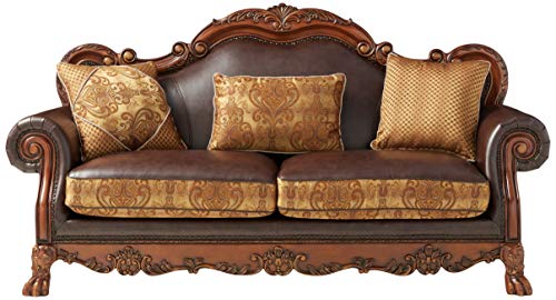 ACME Dresden Sofa w/3 Pillows - 15160 - Brown PU & Chenille - Cherry Oak