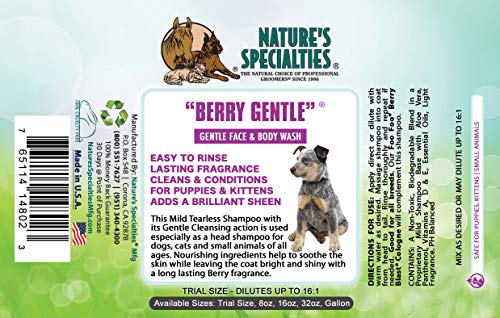 Nature's Specialties Berry Gentle Ultra Concentrated Face and Body Wash for Pets, Makes up to 2 Gallons, Natural Choice for Professional Groomers, Gently Cleanses The Skin and Coat, Made in USA, 16 oz