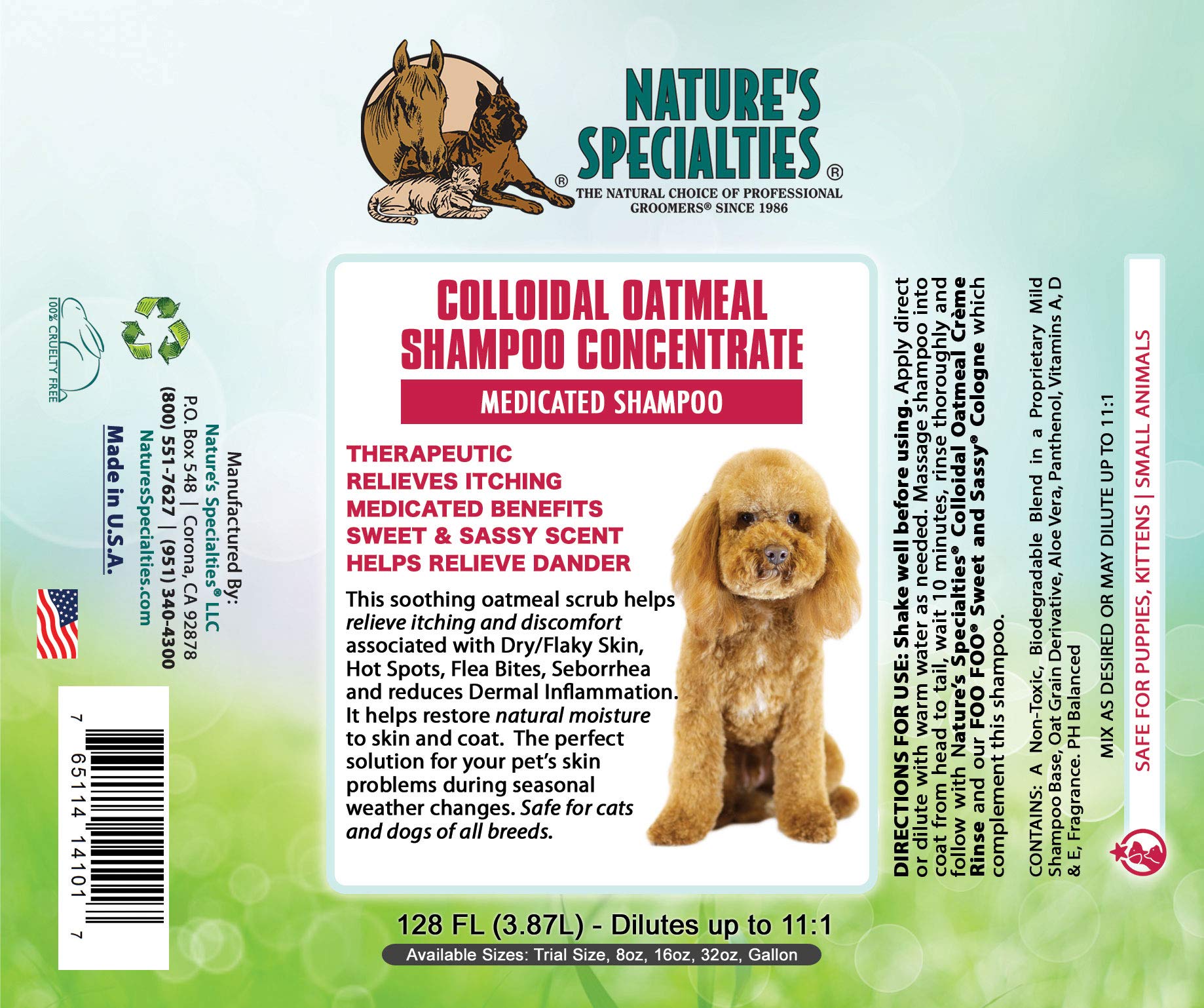 Nature's Specialties Colloidal Oatmeal Ultra Concentrated Dog Shampoo Concentrate for Pets, Makes up to 1.5 Gallons, Natural Choice for Professional Groomers, Relieves Itching, Made in USA, 16 oz