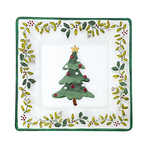 Pfaltzgraff Winterberry Handpainted Square Glass Christmas Tree Platter,White