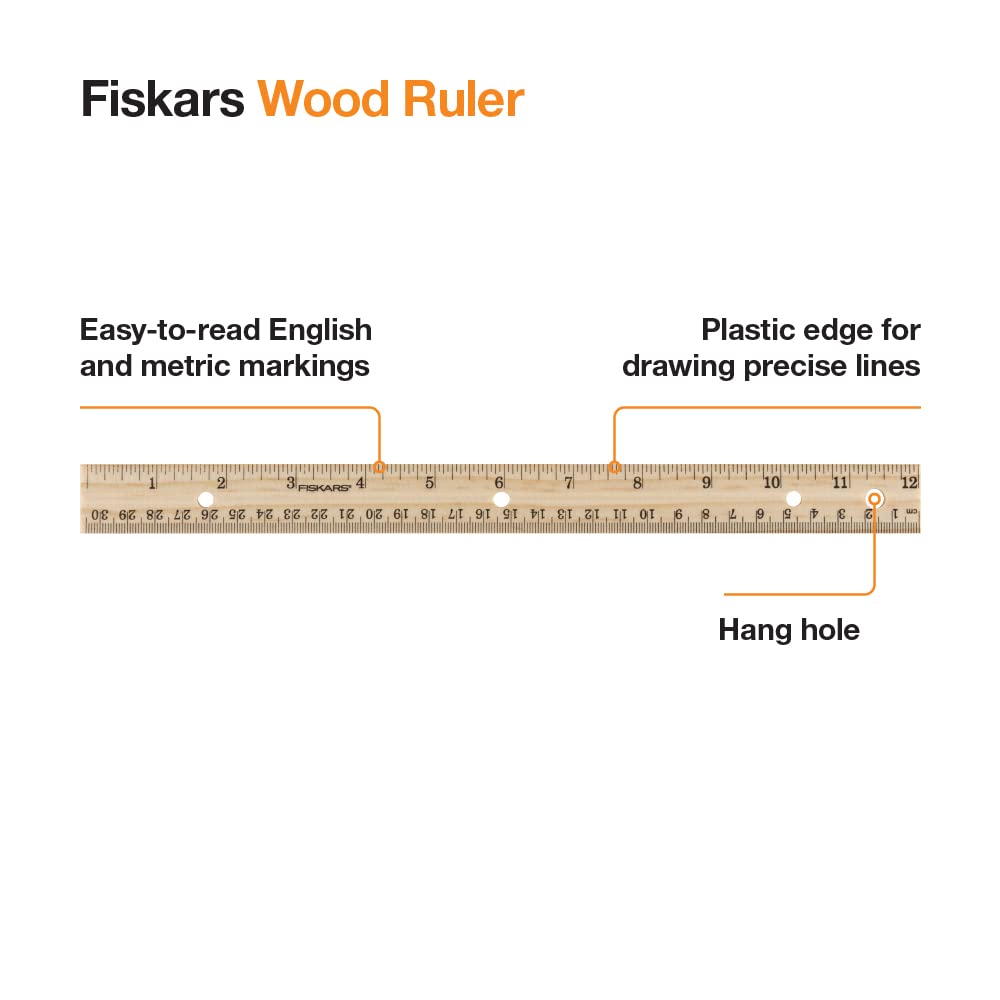 Fiskars Wood Ruler - 12" Straight Edge Ruler for Kids - Back to School Supplies for Students