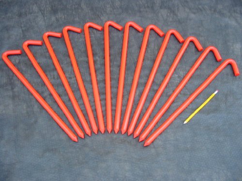 A 12 Pack of 18" long metal hook stakes.coated in Safety Orange Baked on Enamel