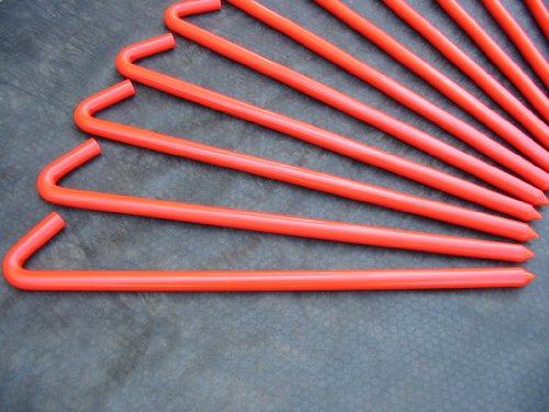 A 12 Pack of 18" long metal hook stakes.coated in Safety Orange Baked on Enamel