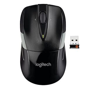 logitech m525 wireless mouse – long 3 year battery life, ergonomic shape for right or left hand use, micro-precision scroll wheel, and usb unifying receiver for computers and laptops, black/gray