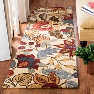 safavieh jardin collection runner rug - 2'3" x 8', beige & multi, handmade floral wool, ideal for high traffic areas in living room, bedroom (jar952a)