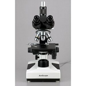 AmScope T490A-DK Compound Trinocular Microscope, WF10x and WF16x Eyepieces, 40X-1600X Magnification, Brightfield/Darkfield, Halogen Illumination, Abbe Condenser, Double-Layer Mechanical Stage, Sliding Head, High-Resolution Optics