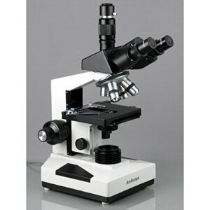 AmScope T490A-DK Compound Trinocular Microscope, WF10x and WF16x Eyepieces, 40X-1600X Magnification, Brightfield/Darkfield, Halogen Illumination, Abbe Condenser, Double-Layer Mechanical Stage, Sliding Head, High-Resolution Optics