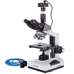 amscope t490a-5m digital compound trinocular microscope, wf10x and wf16x eyepieces, 40x-1600x magnification, brightfield, halogen illumination, abbe condenser, double-layer mechanical stage, sliding head, high-resolution optics, includes 5mp camera with r