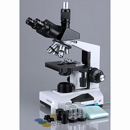 AmScope T490A-5M Digital Compound Trinocular Microscope, WF10x and WF16x Eyepieces, 40X-1600X Magnification, Brightfield, Halogen Illumination, Abbe Condenser, Double-Layer Mechanical Stage, Sliding Head, High-Resolution Optics, Includes 5MP Camera with R