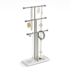 umbra trigem hanging jewelry organizer tiered tabletop free standing necklace holder display, 3, white/nickel