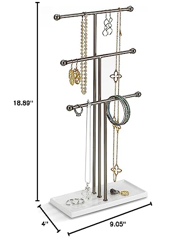 Umbra Trigem Hanging Jewelry Organizer Tiered Tabletop Free Standing Necklace Holder Display, 3, White/Nickel