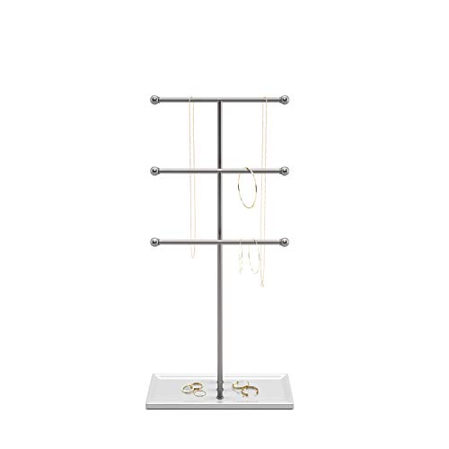 Umbra Trigem Hanging Jewelry Organizer Tiered Tabletop Free Standing Necklace Holder Display, 3, White/Nickel