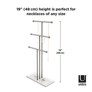 Umbra Trigem Hanging Jewelry Organizer Tiered Tabletop Free Standing Necklace Holder Display, 3, White/Nickel