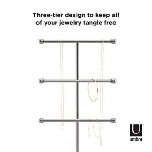 Umbra Trigem Hanging Jewelry Organizer Tiered Tabletop Free Standing Necklace Holder Display, 3, White/Nickel