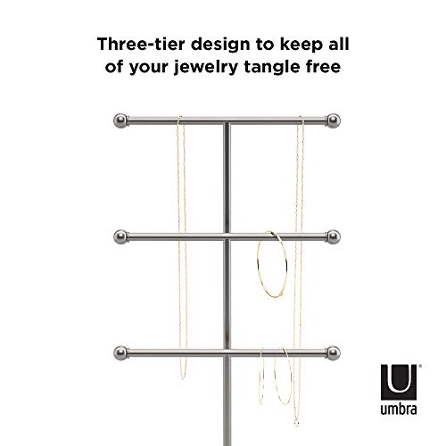 Umbra Trigem Hanging Jewelry Organizer Tiered Tabletop Free Standing Necklace Holder Display, 3, White/Nickel