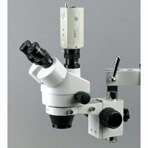 AmScope SM-4TP Professional Trinocular Stereo Zoom Microscope with Simultaneous Focus Control, WH10x Eyepieces, 7X-45X Magnification, 0.7X-4.5X Zoom Objective, Ambient Lighting, Double-Arm Boom Stand