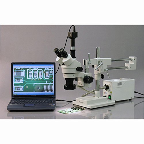 AmScope SM-4TP Professional Trinocular Stereo Zoom Microscope with Simultaneous Focus Control, WH10x Eyepieces, 7X-45X Magnification, 0.7X-4.5X Zoom Objective, Ambient Lighting, Double-Arm Boom Stand