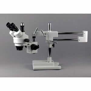 AmScope SM-4TP Professional Trinocular Stereo Zoom Microscope with Simultaneous Focus Control, WH10x Eyepieces, 7X-45X Magnification, 0.7X-4.5X Zoom Objective, Ambient Lighting, Double-Arm Boom Stand