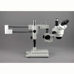 AmScope SM-4TPZ Professional Trinocular Stereo Zoom Microscope with Simultaneous Focus Control, WH10x Eyepieces, 3.5X-90X Magnification, 0.7X-4.5X Zoom Objective, Ambient Lighting, Double-Arm Boom Stand, Includes 0.5X and 2.0X Barlow Lens