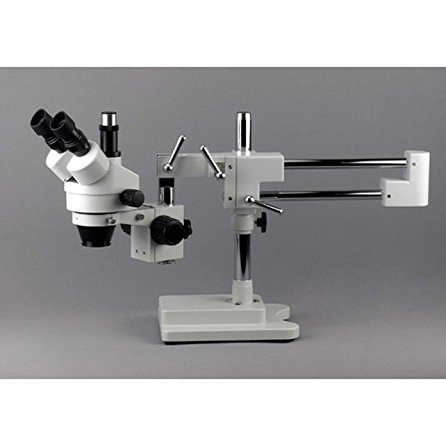 AmScope SM-4TPZ Professional Trinocular Stereo Zoom Microscope with Simultaneous Focus Control, WH10x Eyepieces, 3.5X-90X Magnification, 0.7X-4.5X Zoom Objective, Ambient Lighting, Double-Arm Boom Stand, Includes 0.5X and 2.0X Barlow Lens