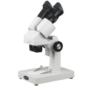 amscope se204-ax portable binocular stereo microscope, wf5x and wf10x eyepieces, 10x and 20x magnification, 2x objective, led lighting, reversible black/white stage plate, arm stand