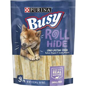 purina busy rawhide small/medium breed dog bones, rollhide - 9 ct. pouch